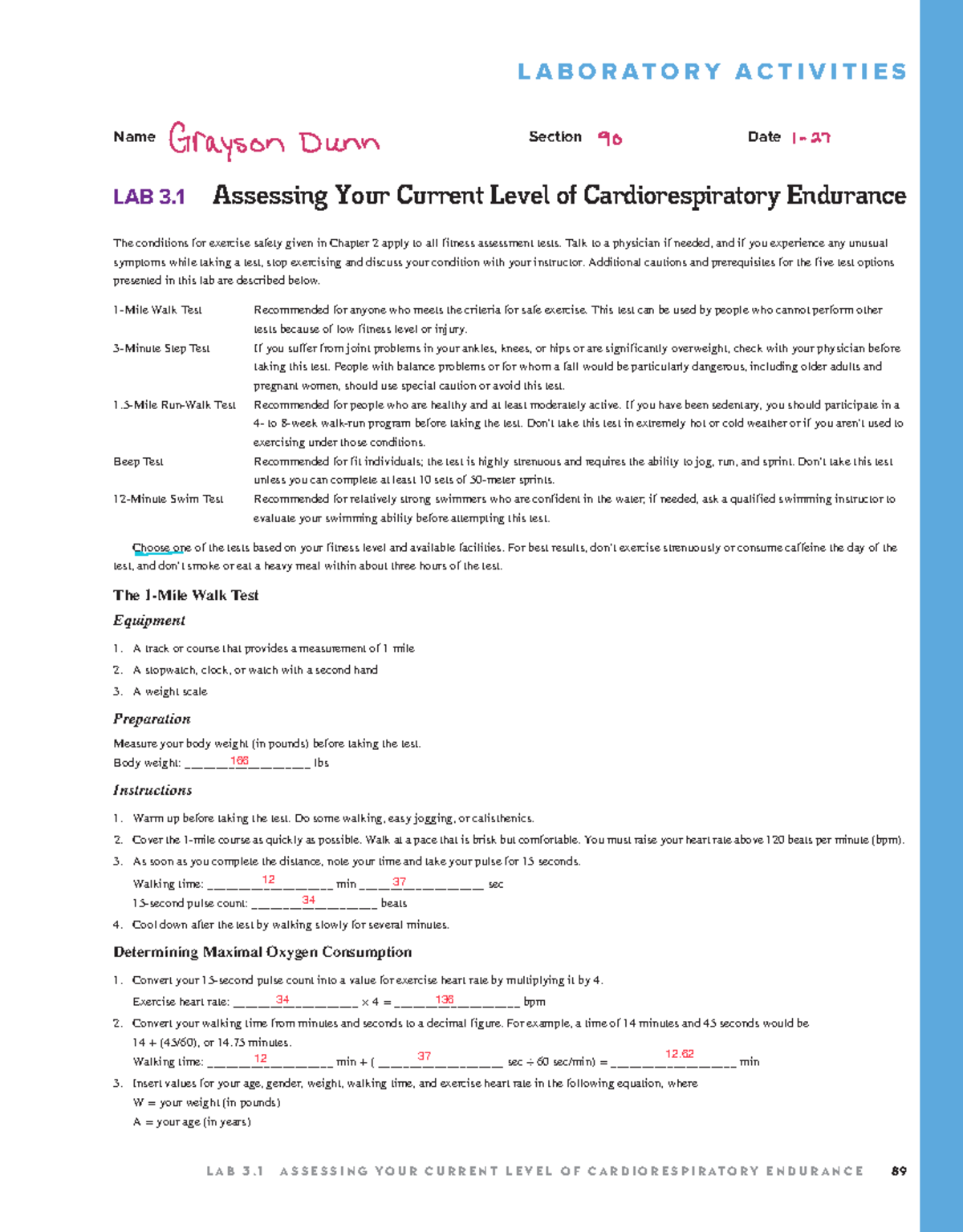 Lab 3.1: Cardiorespiratory Endurance Assessment Guide - Studocu