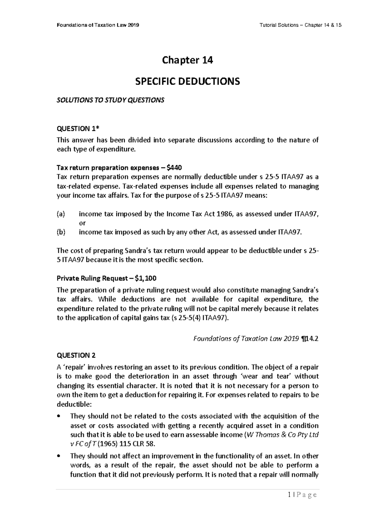 Taxation TS-5 - Chapter 14 SPECIFIC DEDUCTIONS SOLUTIONS TO STUDY ...