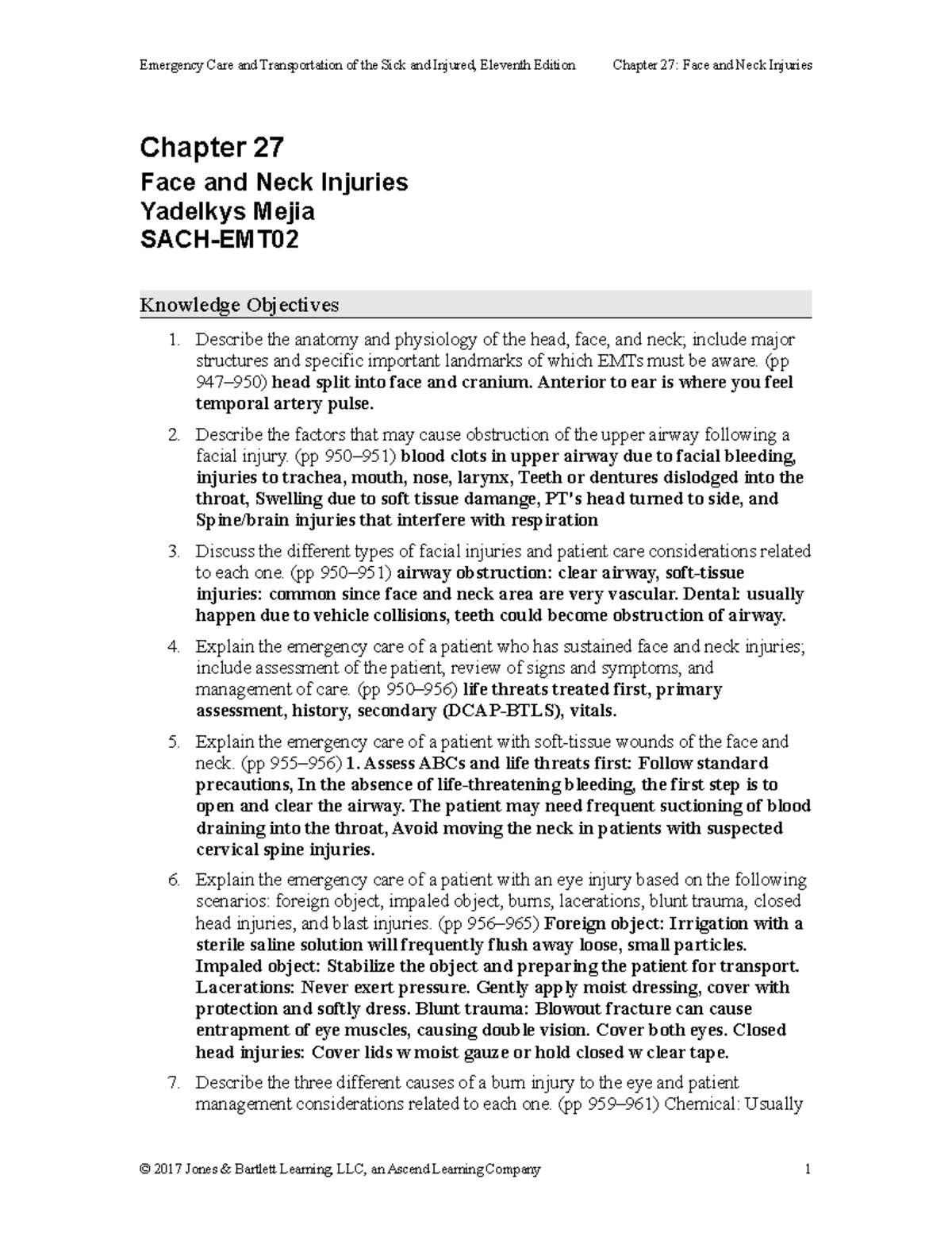 Ch27 - EMT Knowledge Objectives on Face and Neck Injuries - Studocu