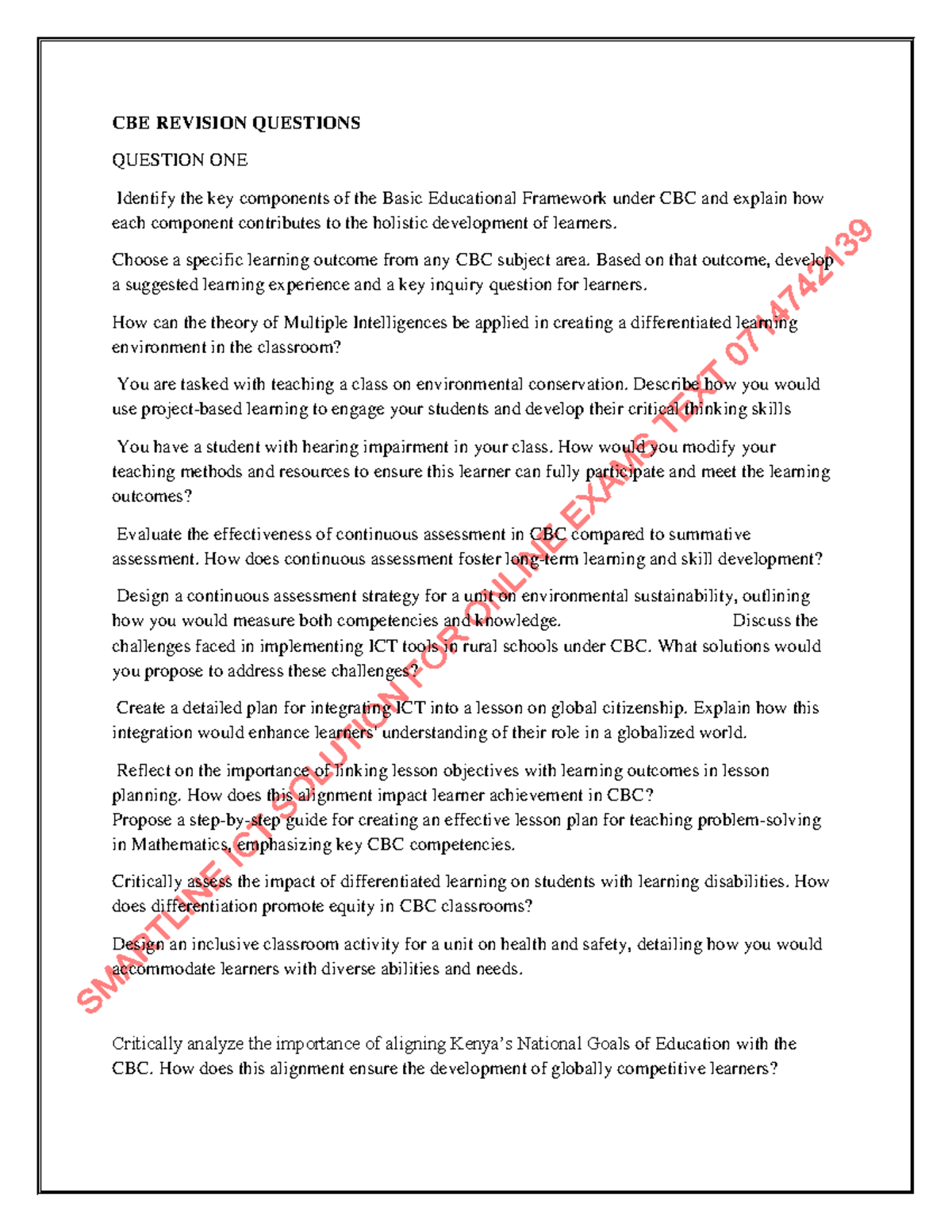 CBE 101: Comprehensive Revision Questions for CBC Framework - Studocu