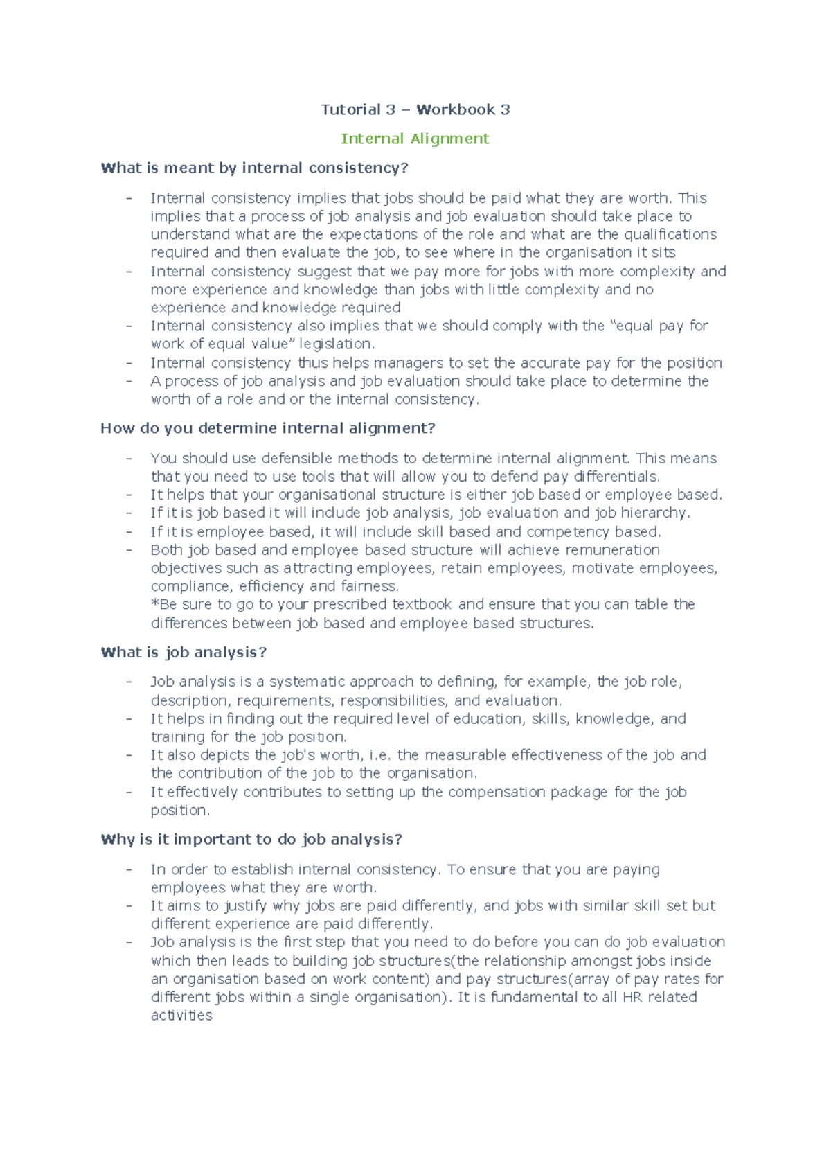 Tutorial 3: Internal Alignment & Job Analysis Evaluation Insights - Studocu