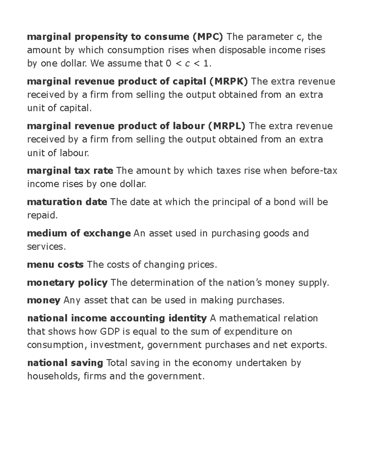 MPC, MRPK, MRPL, and Key Economic Concepts Explained - Studocu