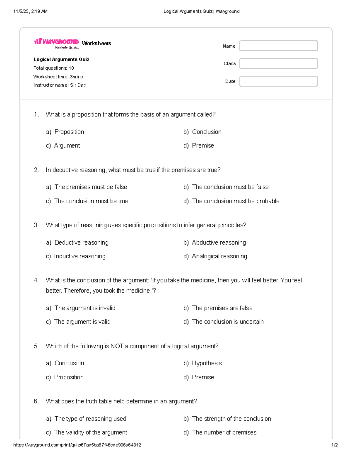 Logical Arguments Quiz (Course Code: 2:19 AM) - Worksheet & Answers ...