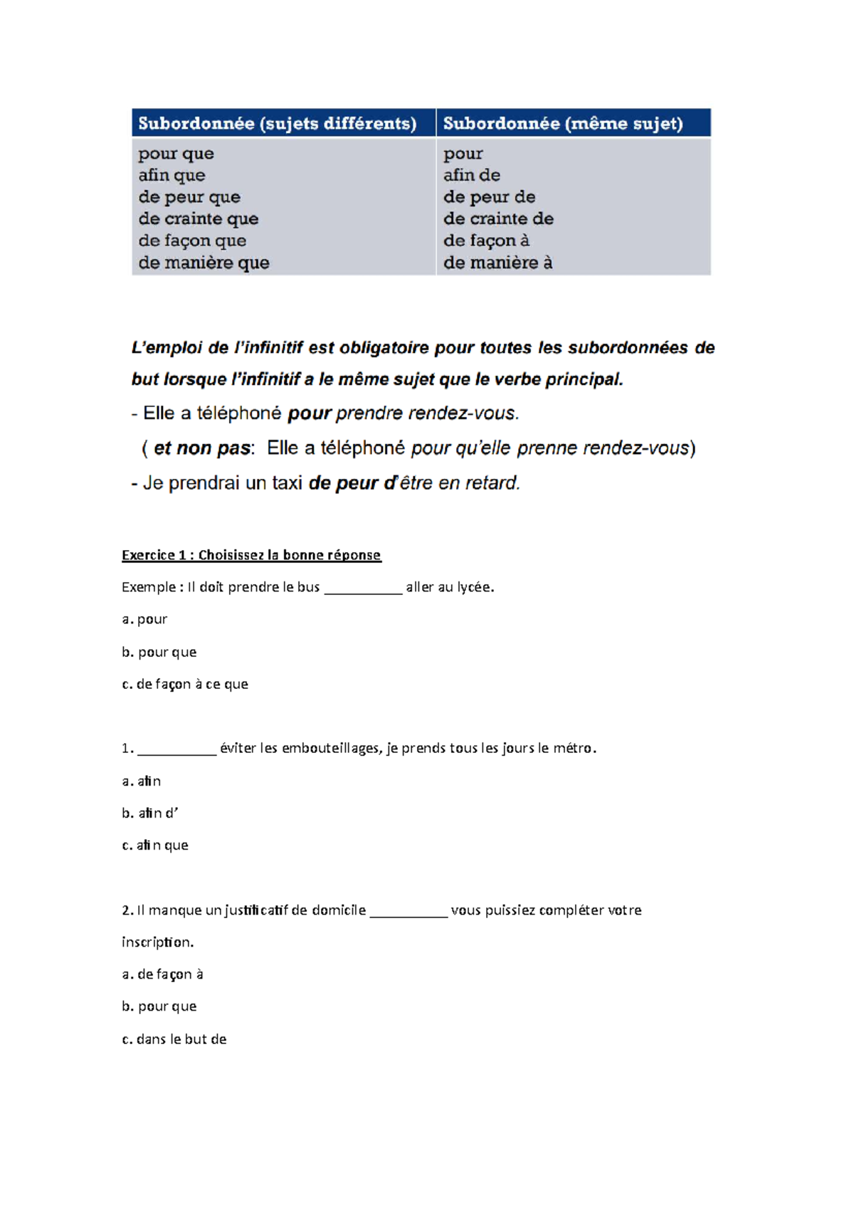 Expression du but - Exercices (Exercice 1 & 2) - Studocu