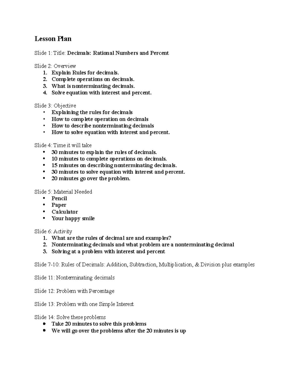 Final Lesson Plan on Decimals: Rational Numbers & Percent - Studocu