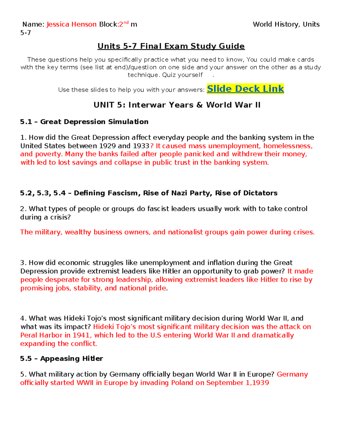 World History Units 5-7 Final Exam Study Guide - Name: Jessica Henson ...