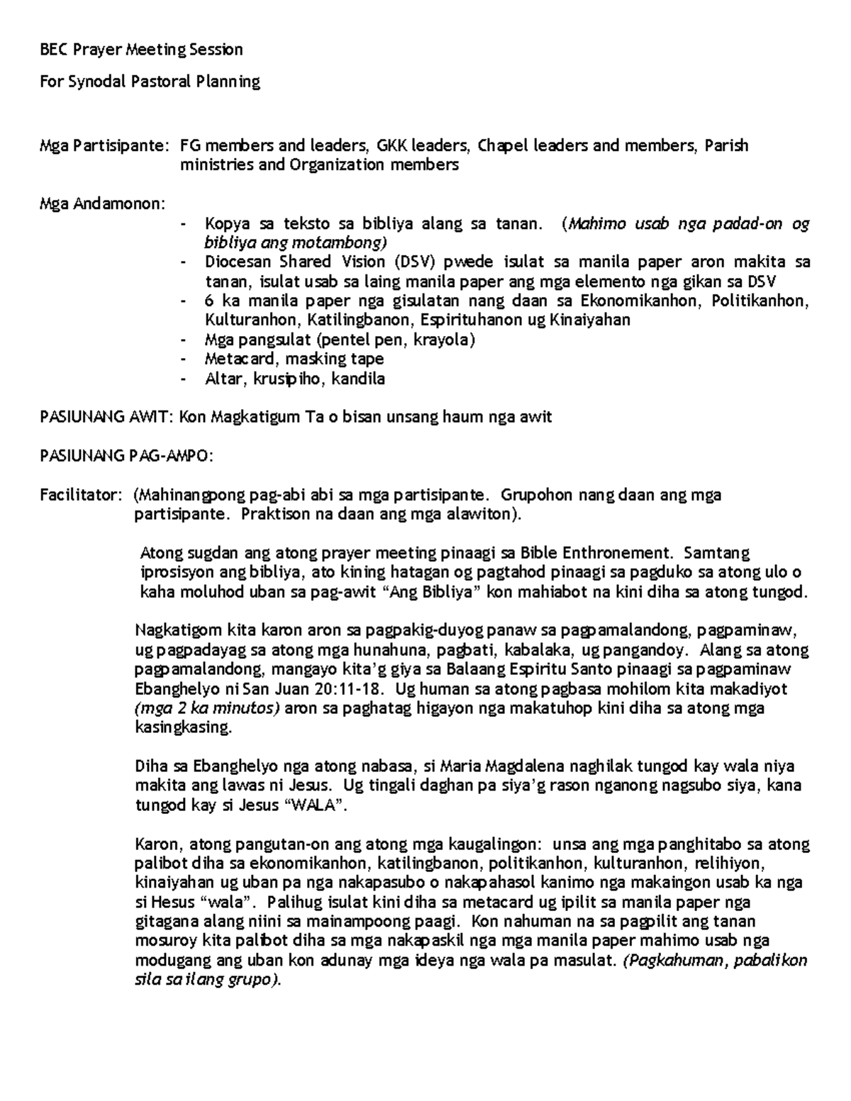 BEC Prayer Meeting Session: Synodal Pastoral Planning Overview - Studocu