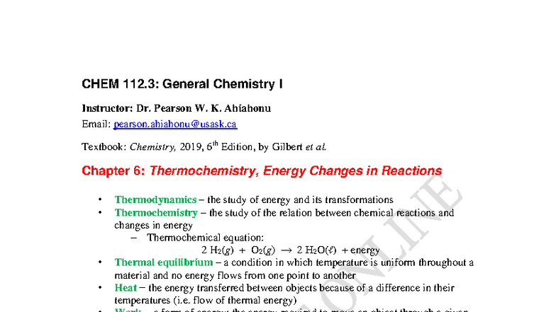 CHEM 112.3: Chapter 6 Notes on Thermochemistry and Energy Changes - Studocu