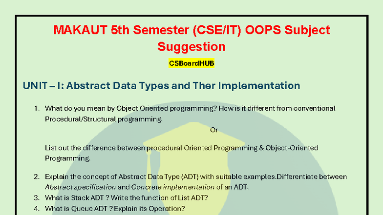 MAKAUT 5th Sem OOPS Subject Suggestions - CSBoardHUB - Studocu