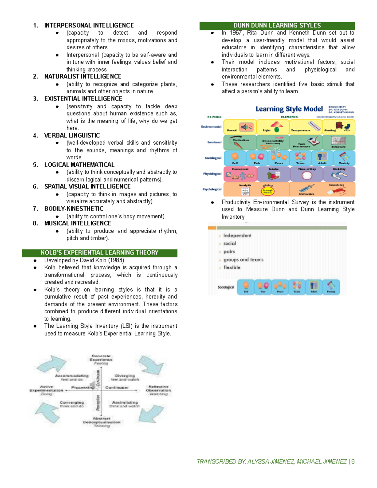 DUNN DUNN Learning Styles and Kolb’s Experiential Learning Theory - Studocu
