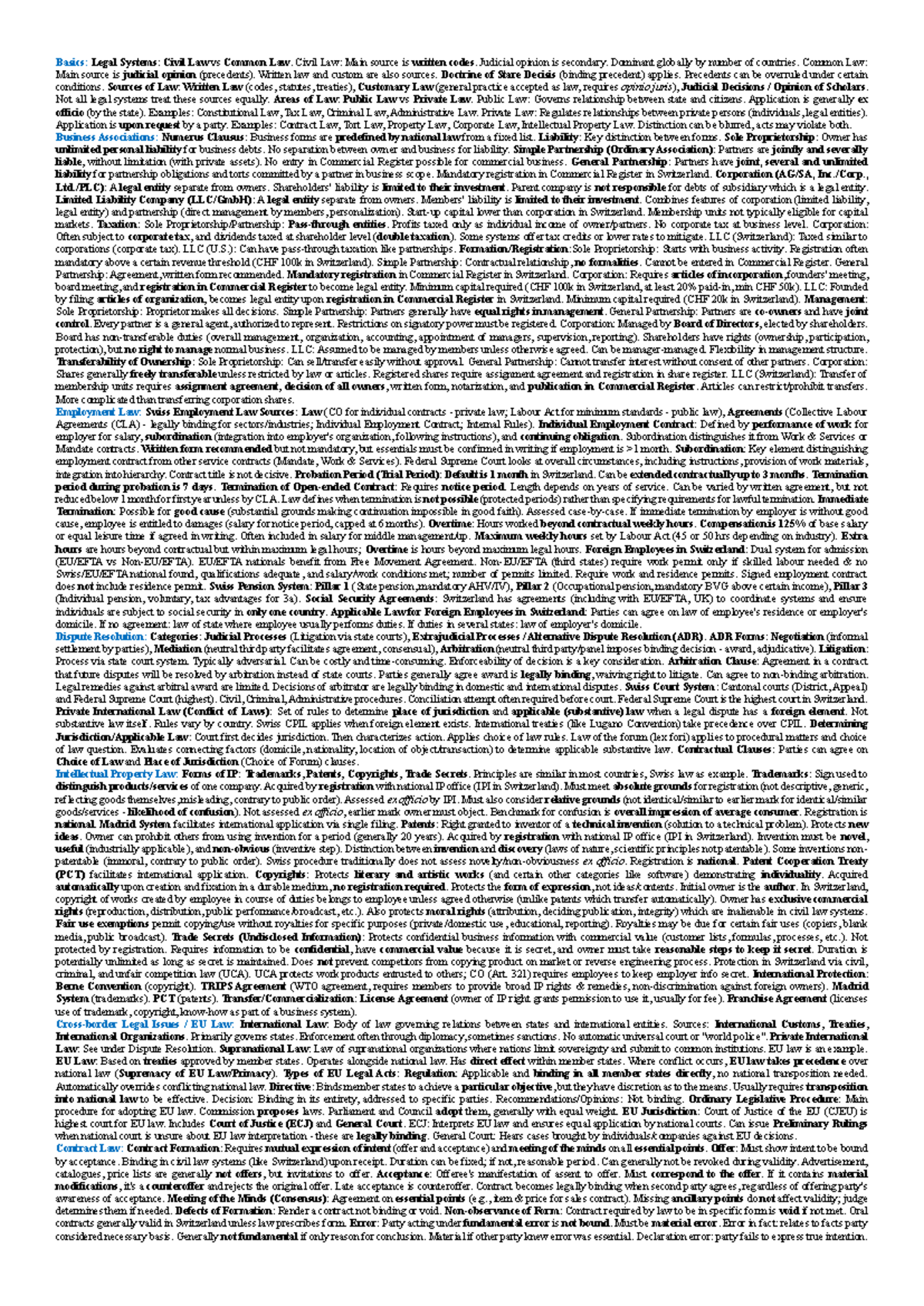 FBL 101: Cheat Sheet on Legal Systems - Civil vs Common Law - Studocu