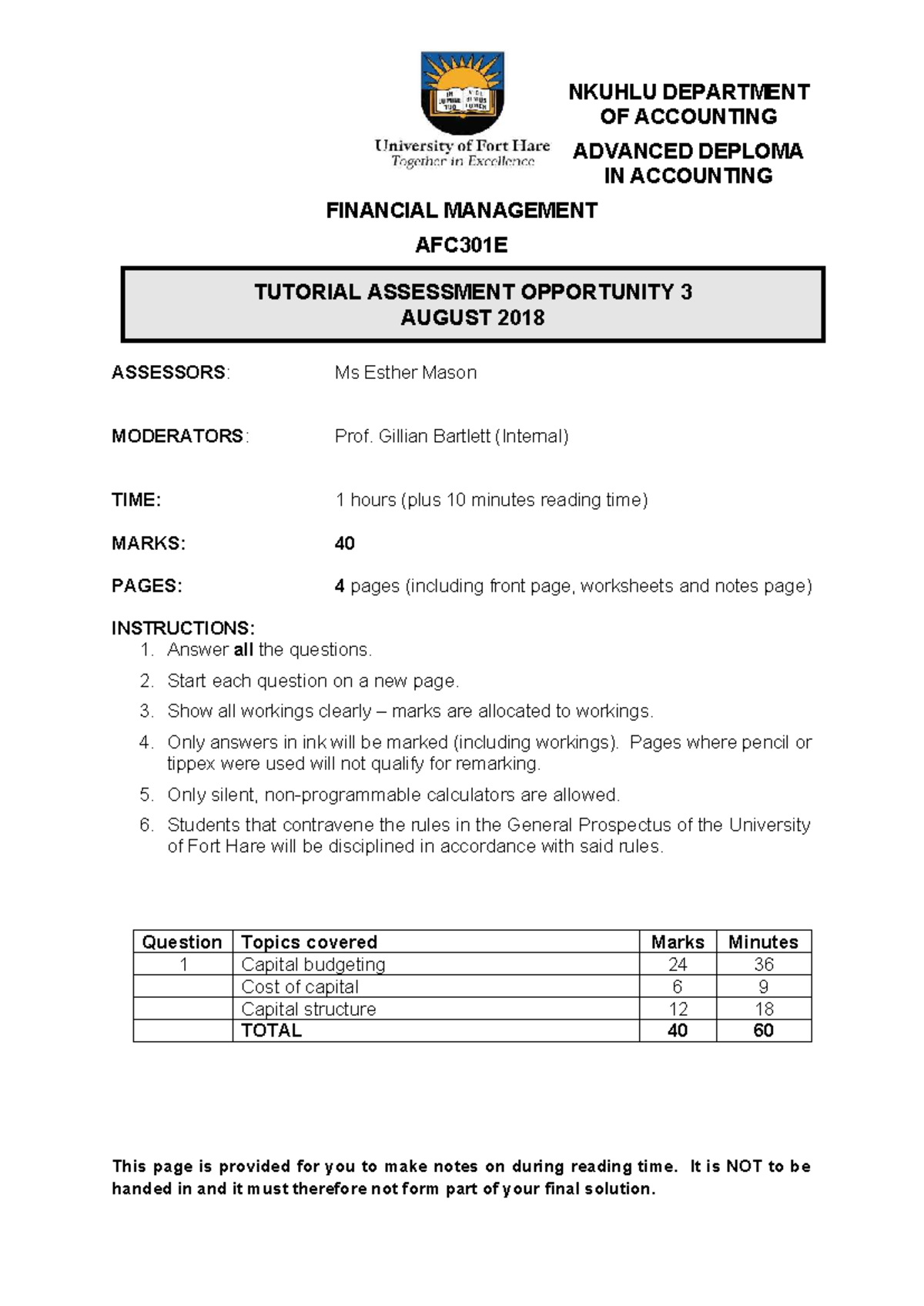 AFC301E Financial Management Tutorial Assessment Opportunity 3 - 2018 ...