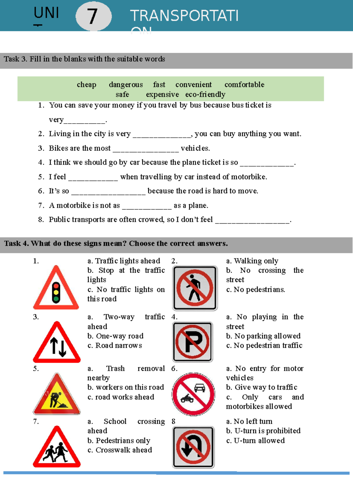 ILS W7 - UNIT 7 TRANSPORTATION - Vocabulary & Grammar Exercises - Studocu