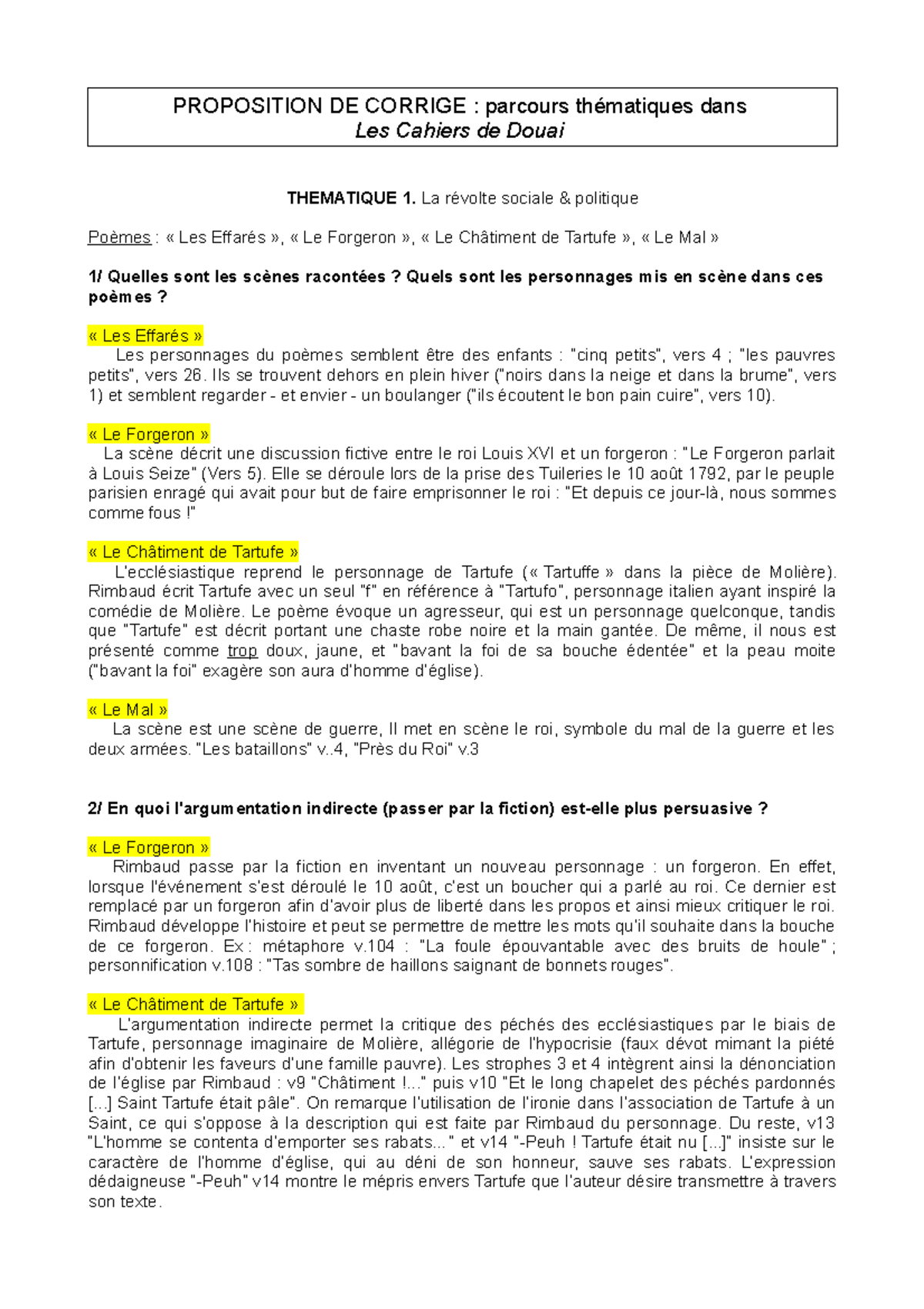 Parcours thématiques cahiers de douai - PROPOSITION DE CORRIGE : parcours thématiques dans Les ...