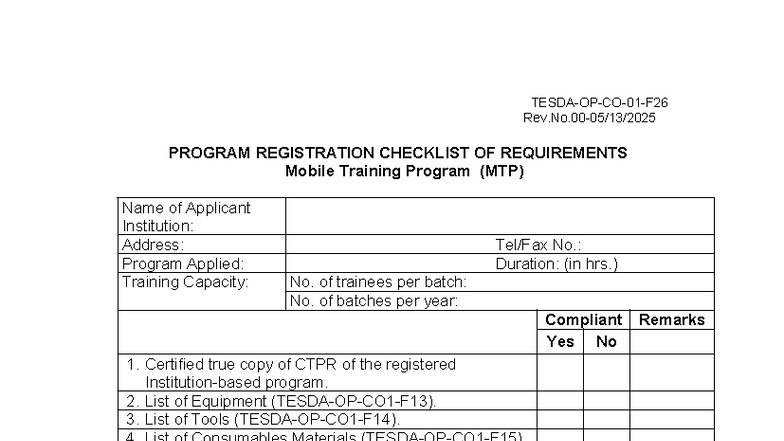 MTP Program Registration Checklist - Tesda OP CO 01 F26 - Studocu