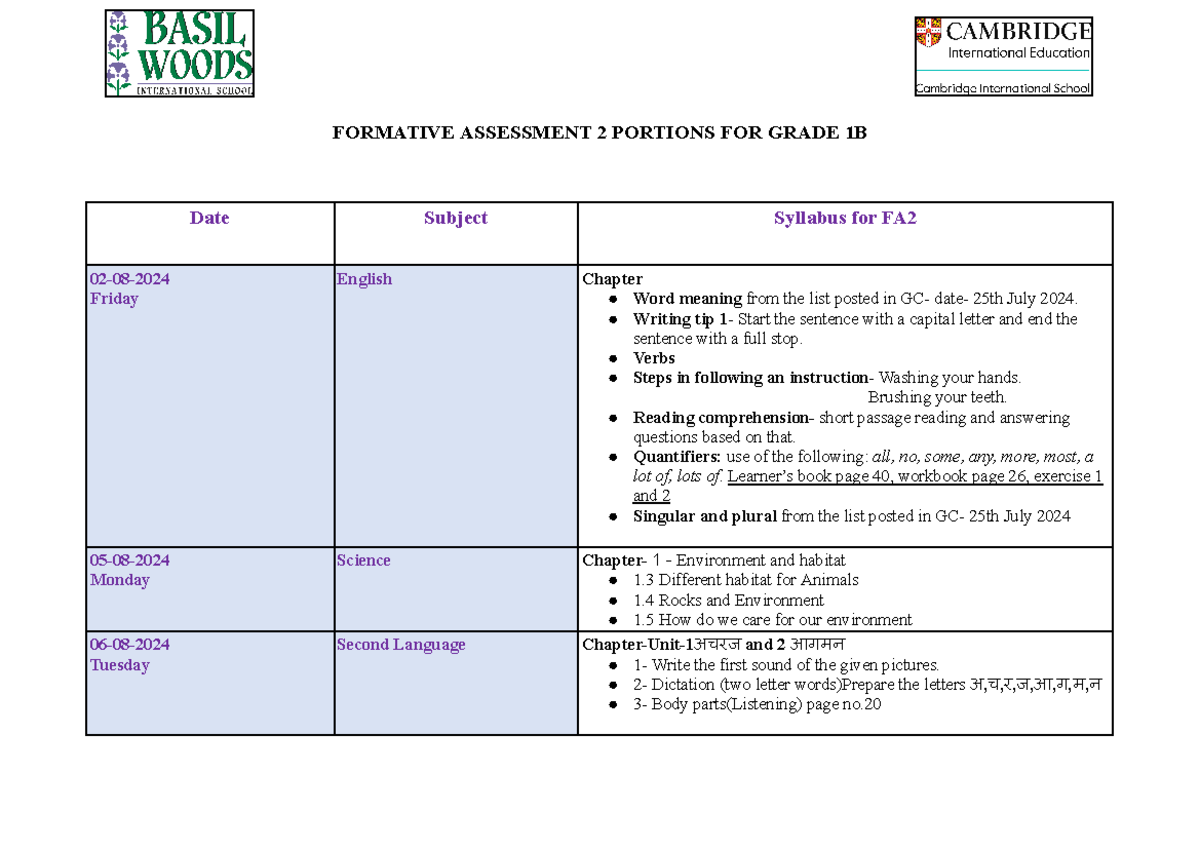 Fa2 - sfb - FORMATIVE ASSESSMENT 2 PORTIONS FOR GRADE 1B Date Subject ...