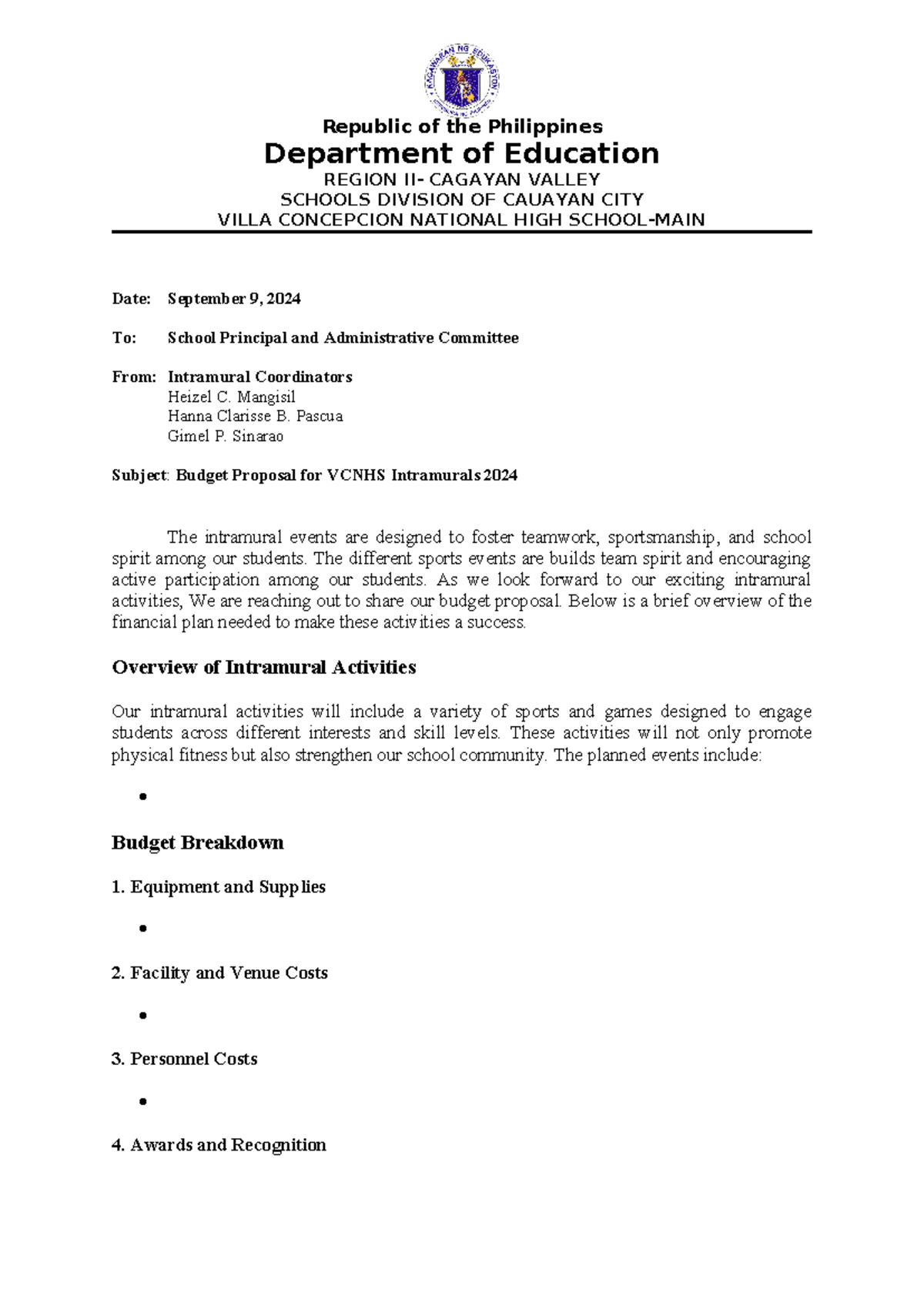 Budget Proposal for VCNHS Intramurals 2024 Activities - Studocu