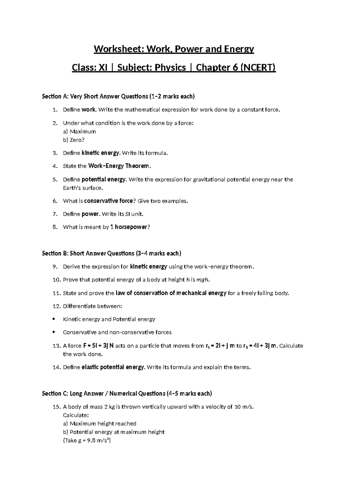 Worksheet: Work, Power & Energy - Class XI Physics Chapter 6 - Studocu