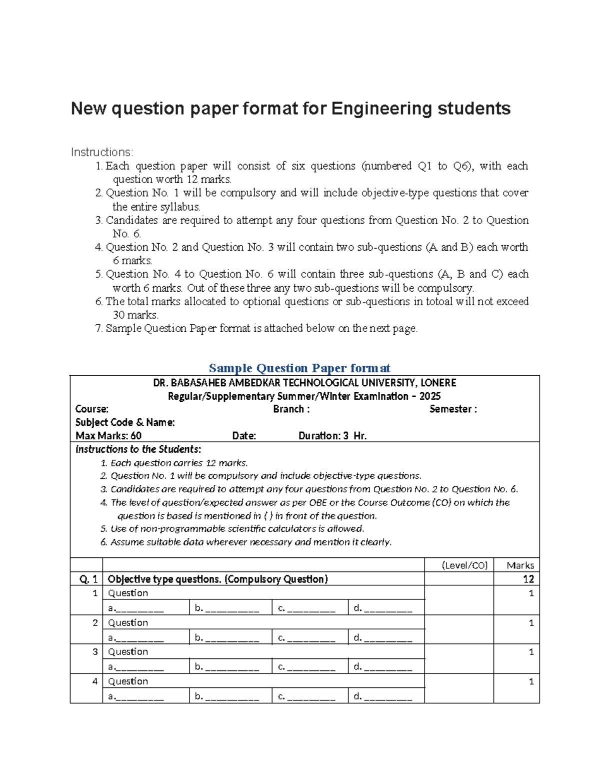 New question paper format for Engineering students - New question paper ...