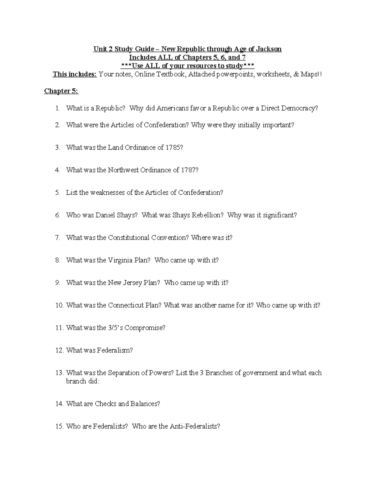 Unit 2 Study Guide: New Republic to Age of Jackson (Chapters 5-7 ...