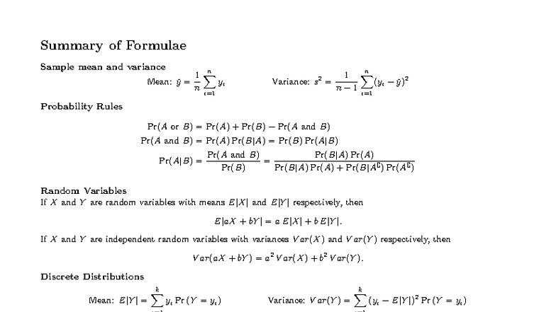 Formulae Summary: Sample Mean, Variance, and Probability Rules - Studocu
