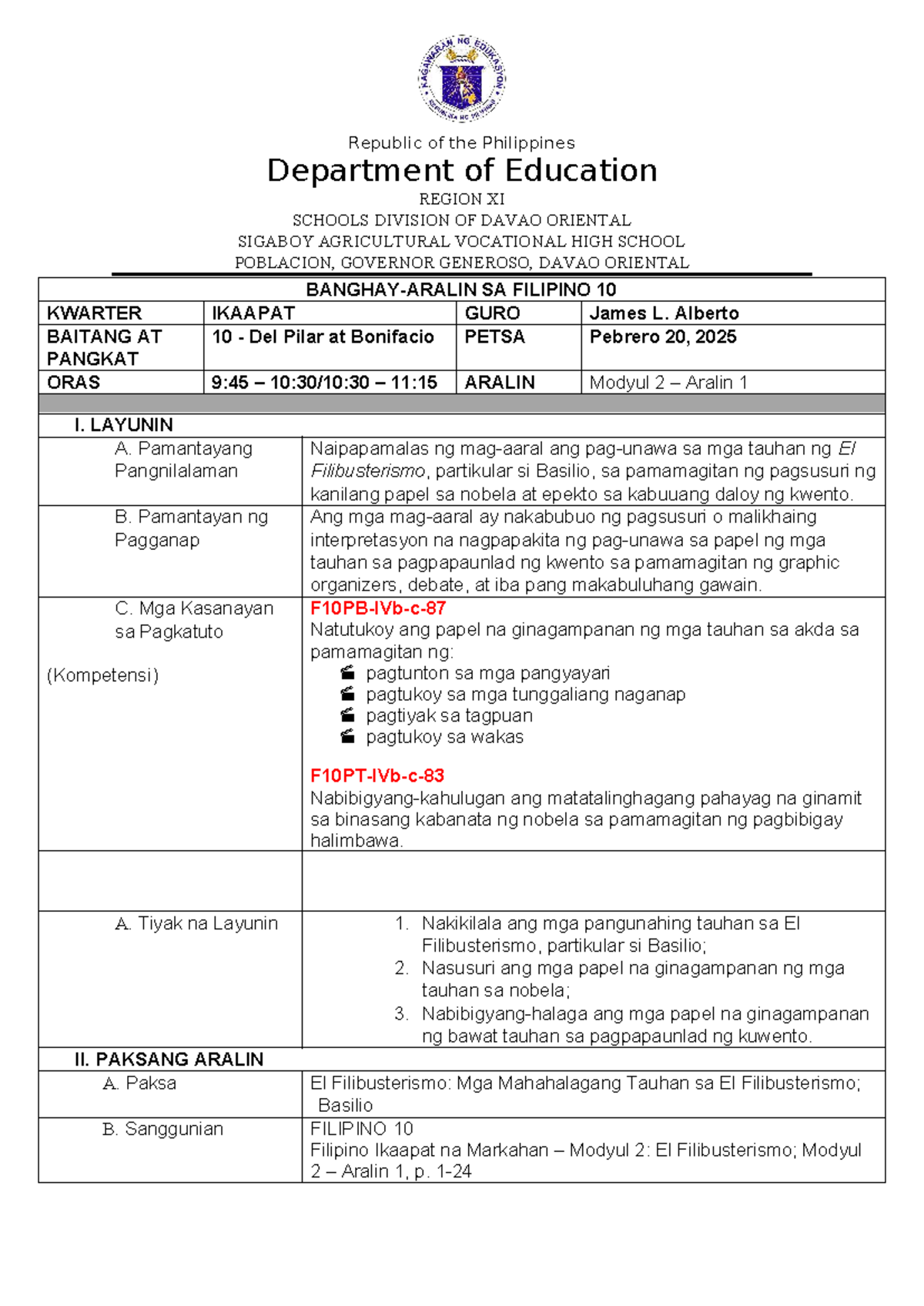 Lesson Plan for Filipino 10 - Quarter 4, Modyul 2: El Filibusterismo ...