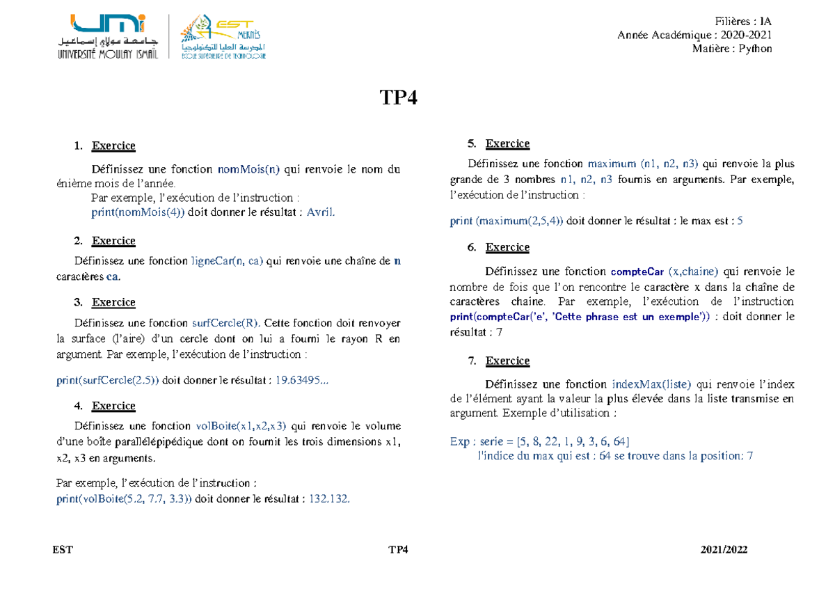 TP4 - TP4 DE PYTHON - EST TP4 2021/ Filières : IA Année Académique : 2020- Matière : Python TP 1 ...