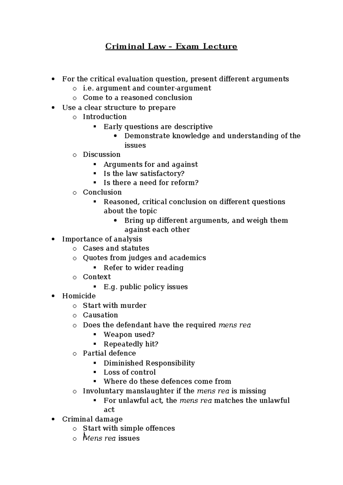Criminal - Exam lecture - Criminal Law – Exam Lecture For the critical ...