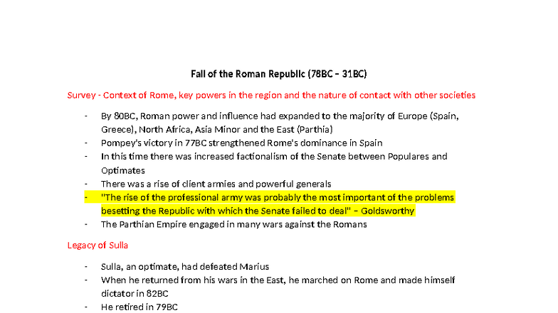 Fall of the Roman Republic (78BC-31BC): Key Events and Influences - Studocu