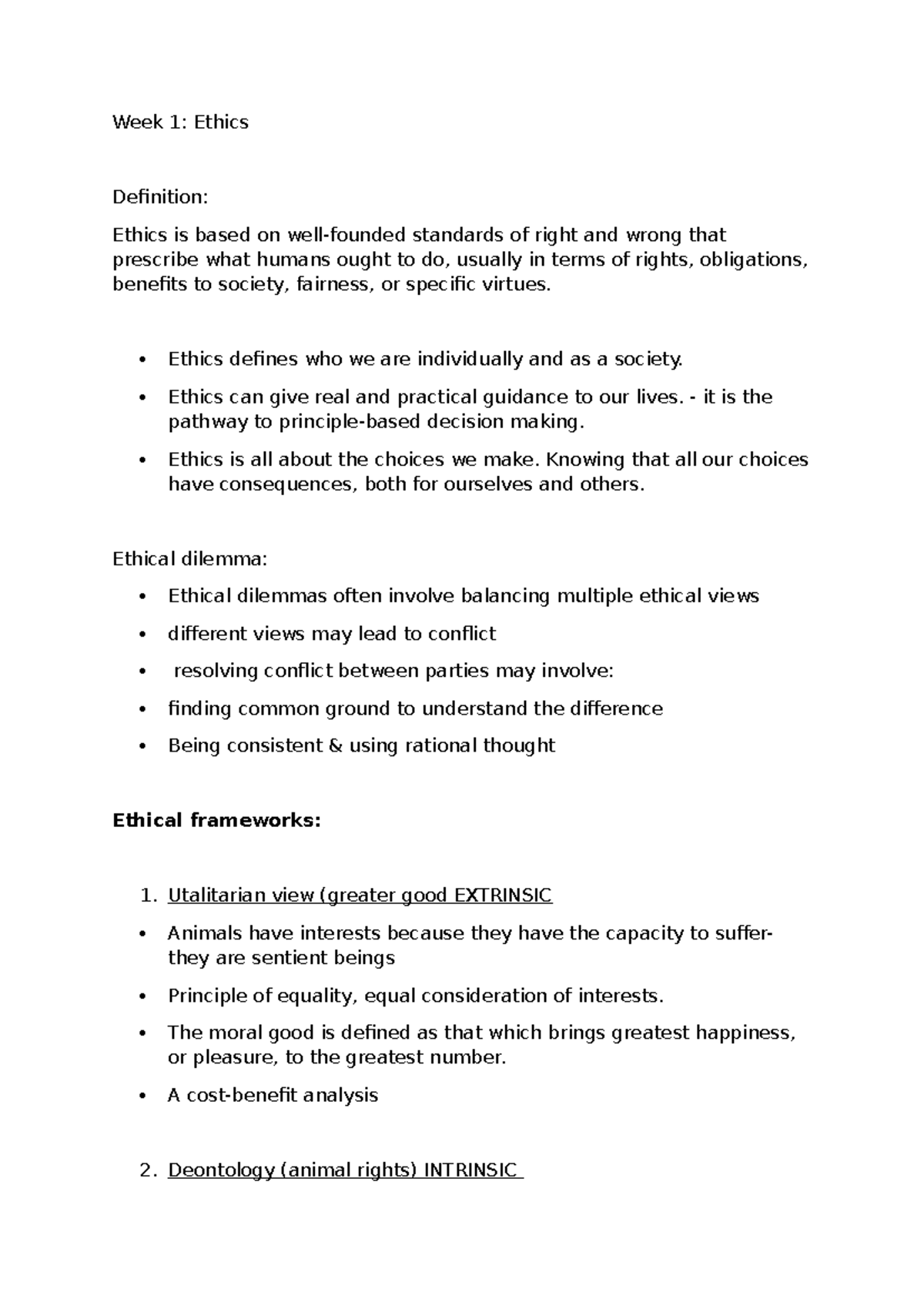 Ethical Frameworks Study Notes for Week 1: Foundations of Ethics - Studocu
