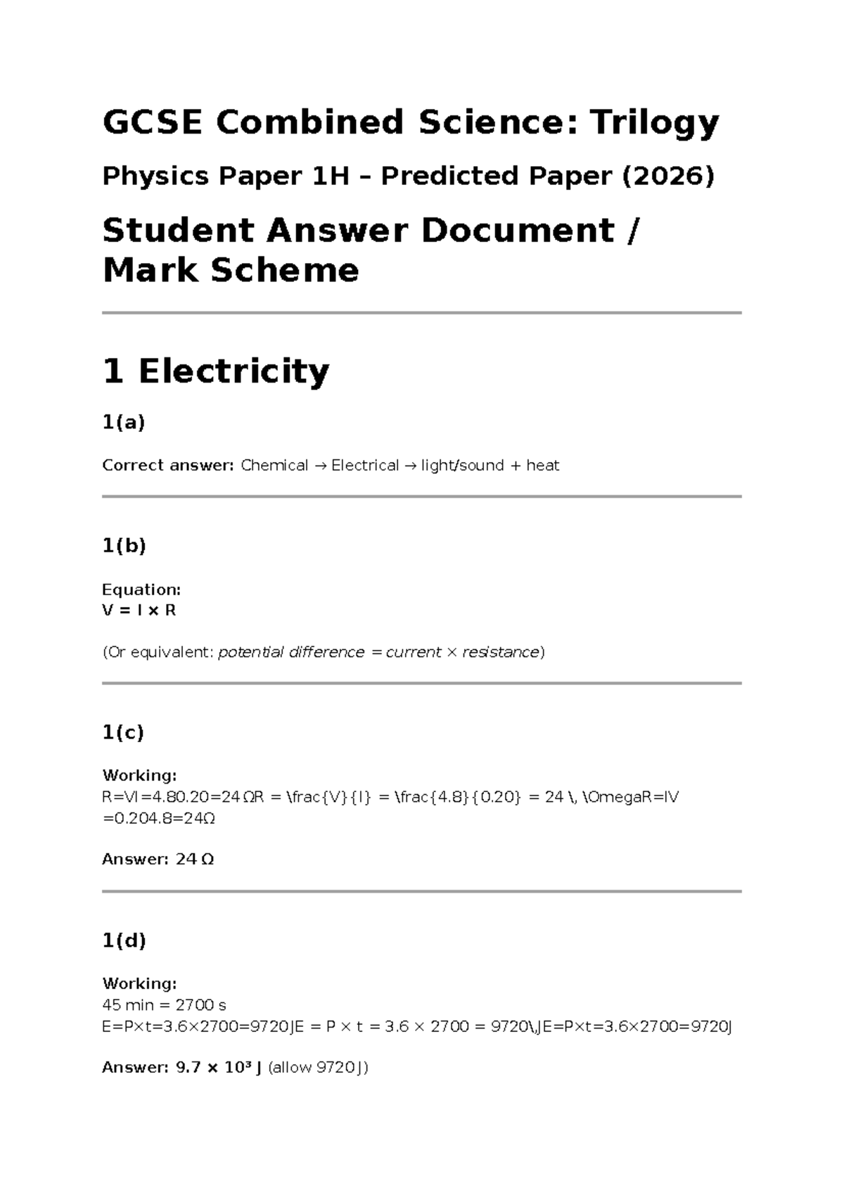 GCSE Combined Science: Trilogy Physics Paper 1H Predicted Mark Scheme ...