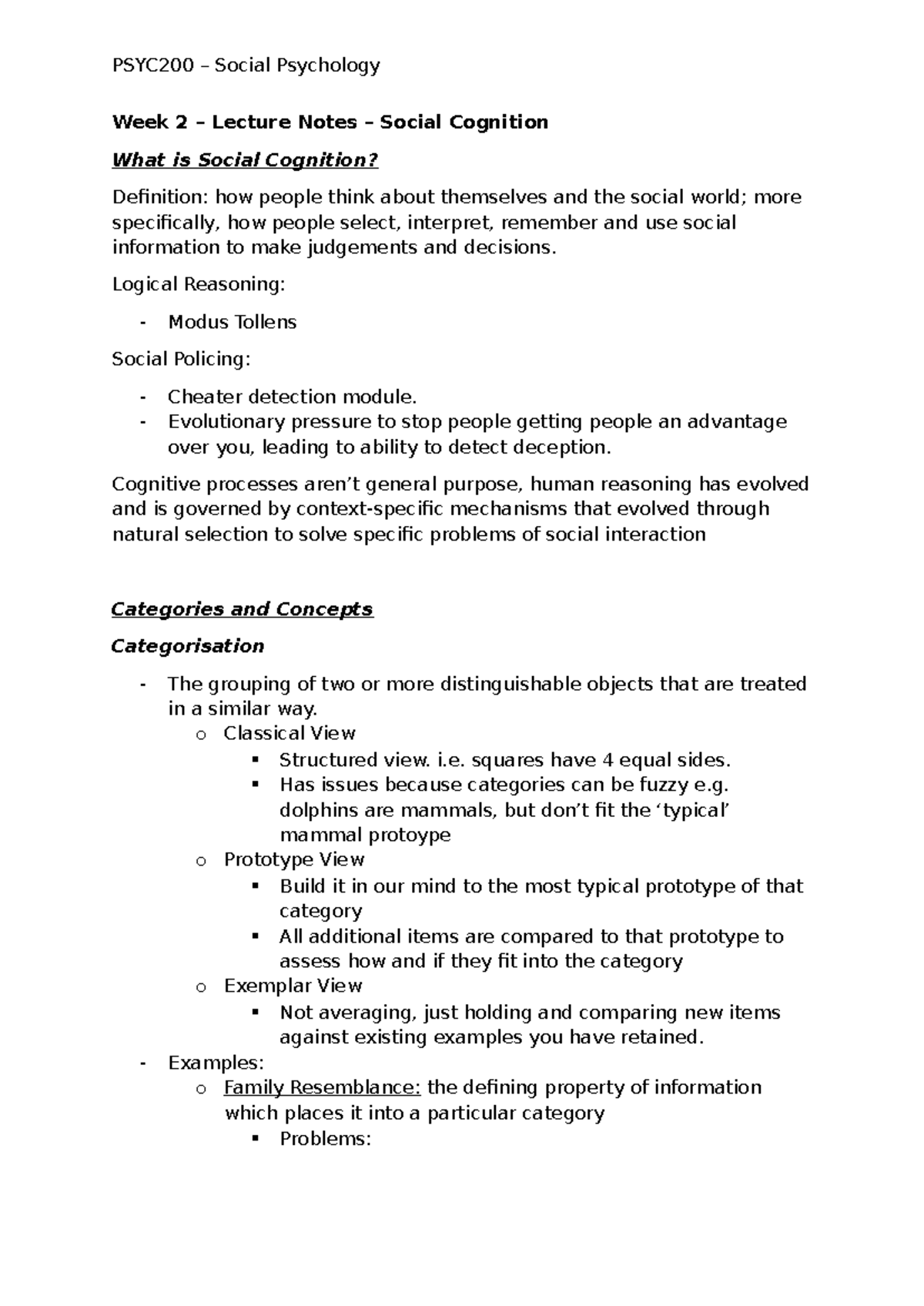 PSYC200 Social Psychology Week 2 Lecture Notes: Social Cognition ...