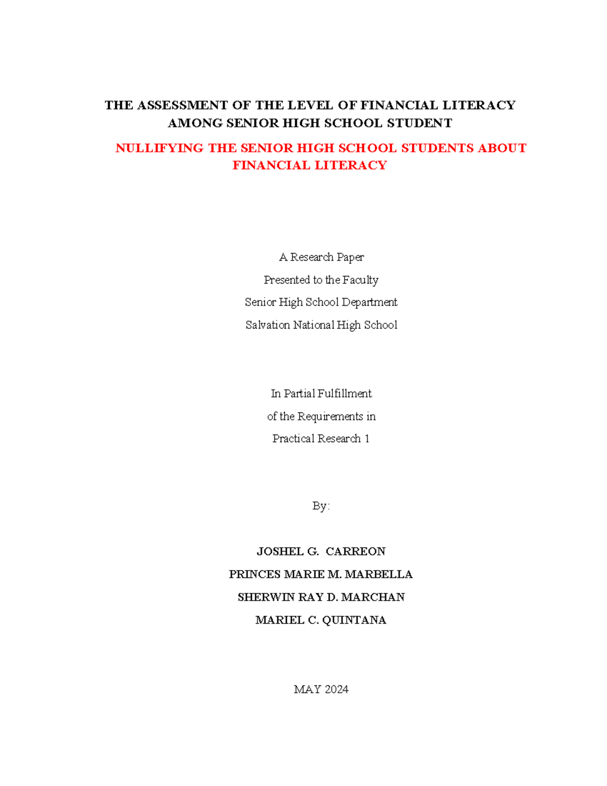 Assessment of Financial Literacy among Senior High Students - PR 1-ABM ...