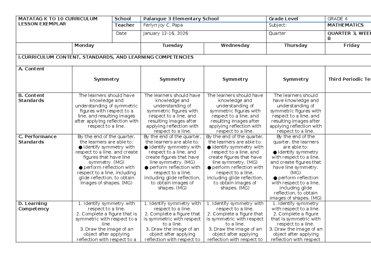 Grade 4 Mathematics Q3W8 Lesson on Symmetry and Reflection - Studocu