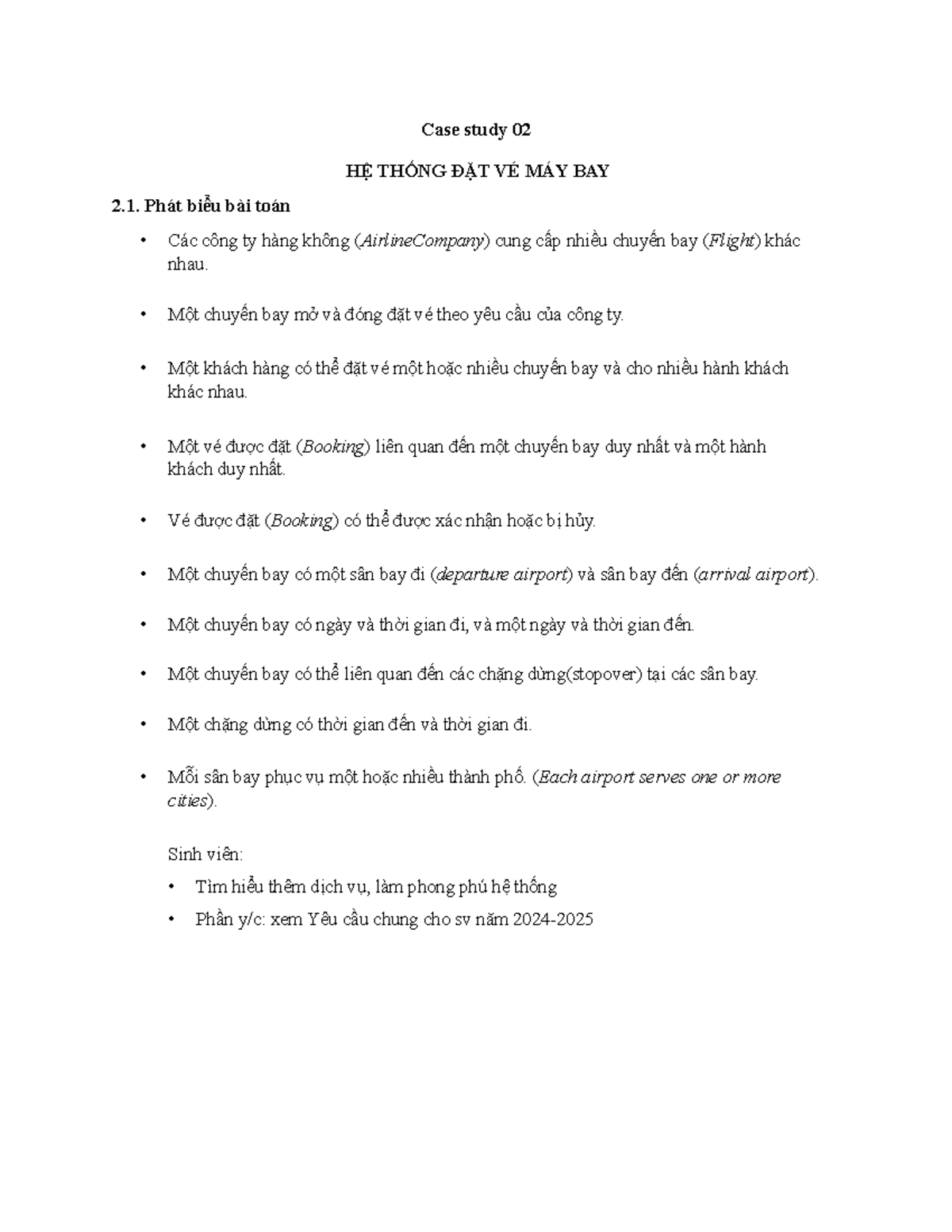 Case Study 02: Hệ Thống Đặt Vé Máy Bay và Các Yêu Cầu - Studocu