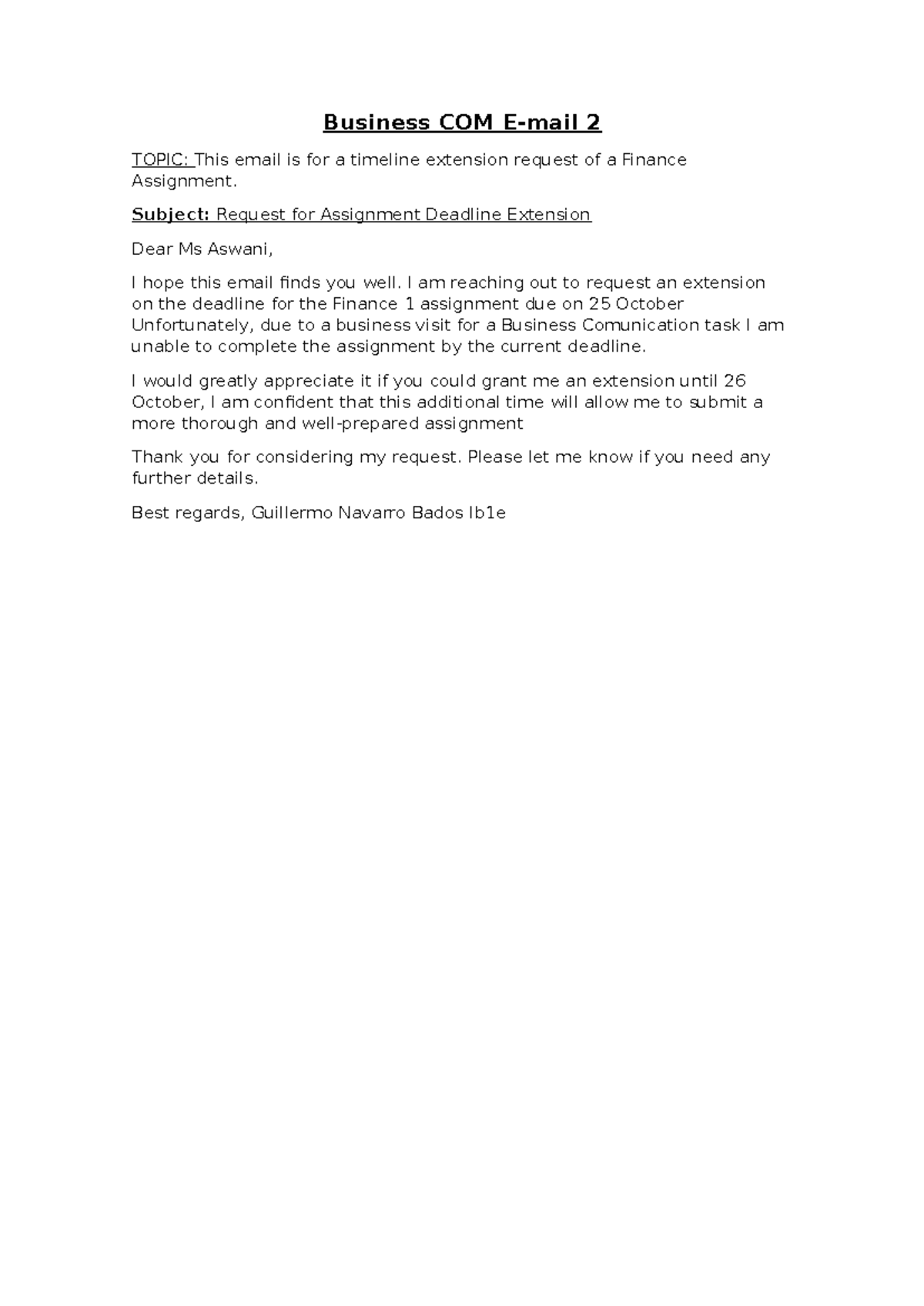 Business COM 2: Finance Assignment Extension Request Email - Studeersnel