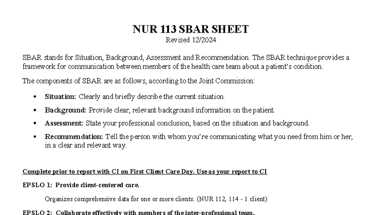 NUR 113 Revised SBAR Sheet for Postpartum Client Care - Studocu