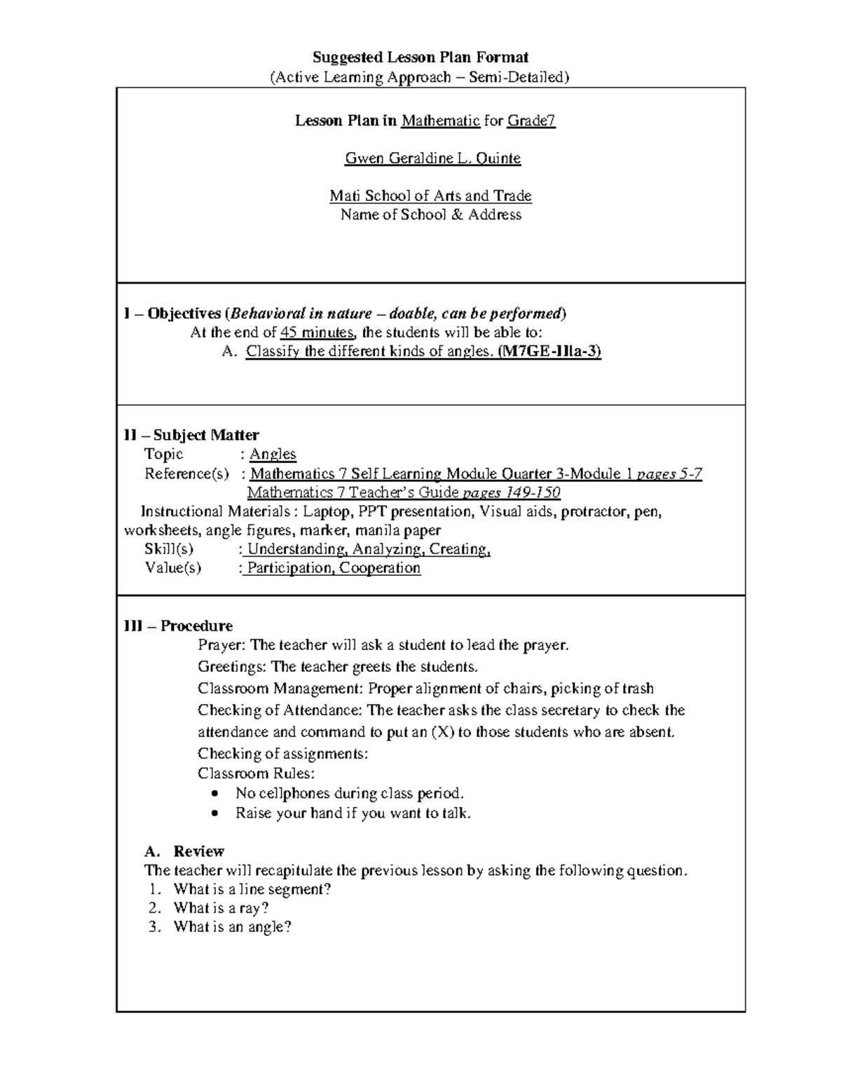 Mathematics 7 Lesson Plan: Understanding Different Types of Angles ...