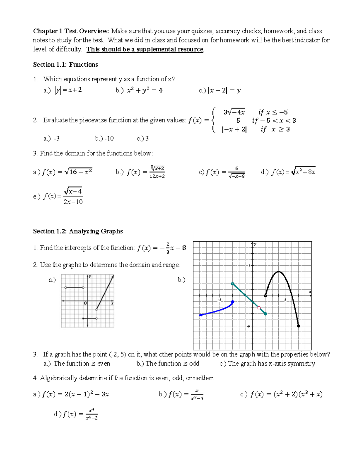 Chapter 1 Review with Answers: Functions, Graphs, and Limits - Studocu