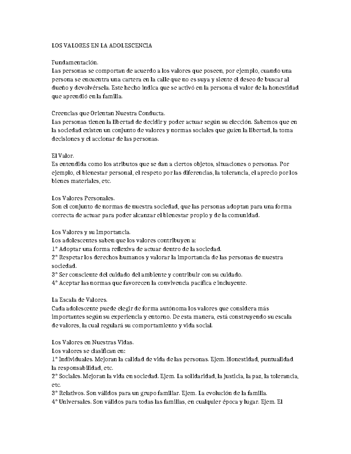 LOS VALORES EN LA ADOLESCENCIA: Fundamentos y Relevancia - Studocu