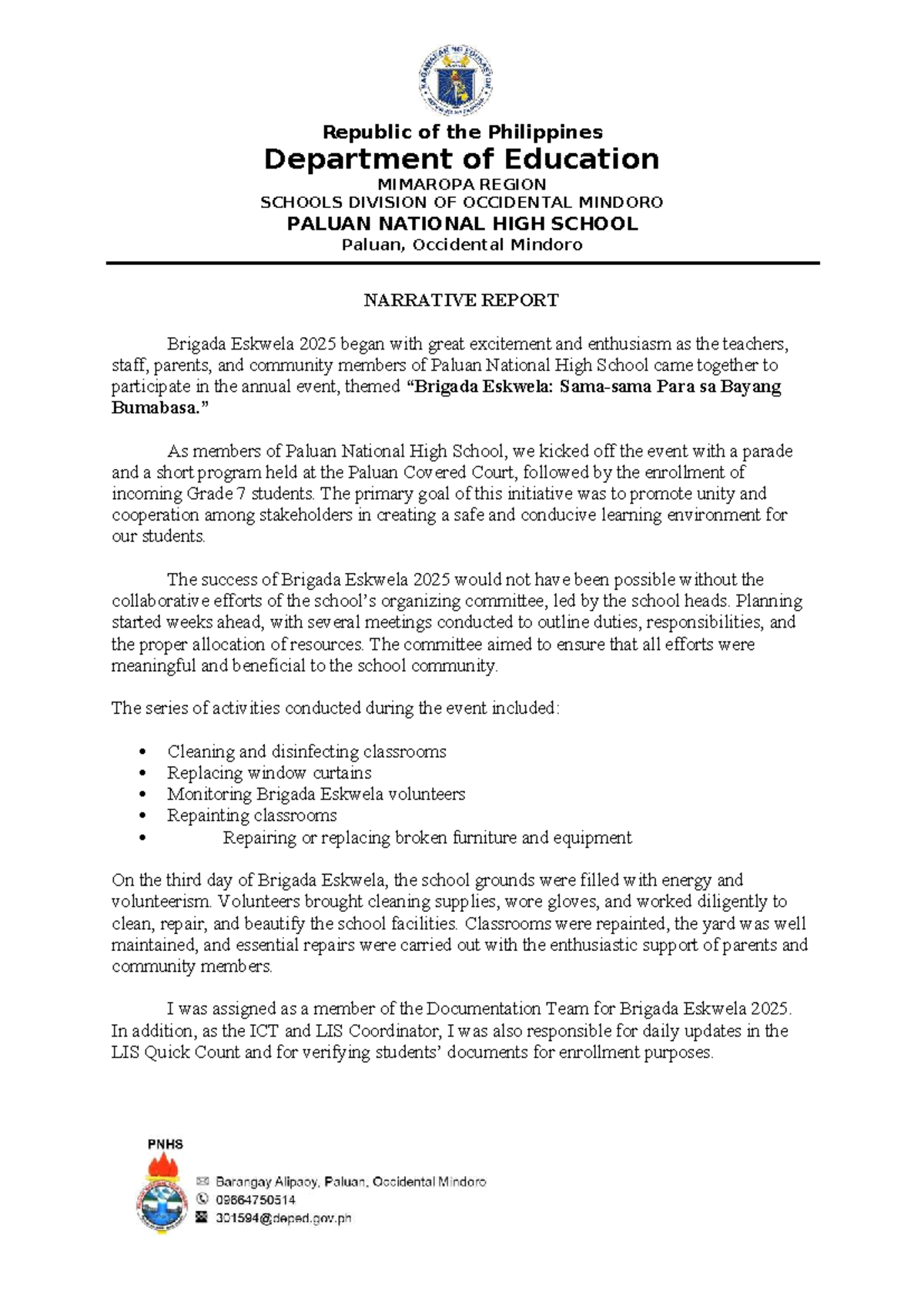 Brigada Eskwela 2025 Narrative Report - Paluan National HS - Studocu