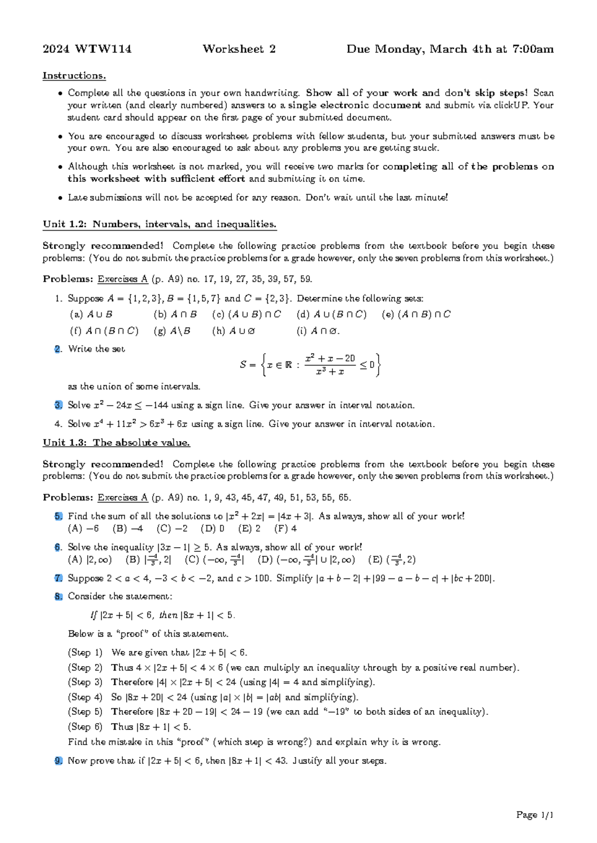 Worksheet 2 - 2024 WTW114 Worksheet 2 Due Monday, March 4th at 7:00am ...