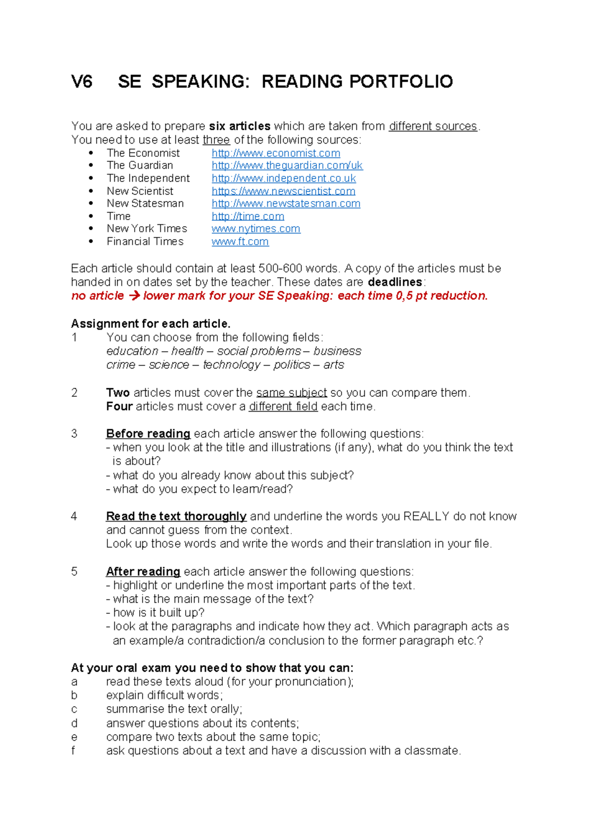 V6 SE Speaking: Article Preparation & Reading Strategy Guide - Studeersnel