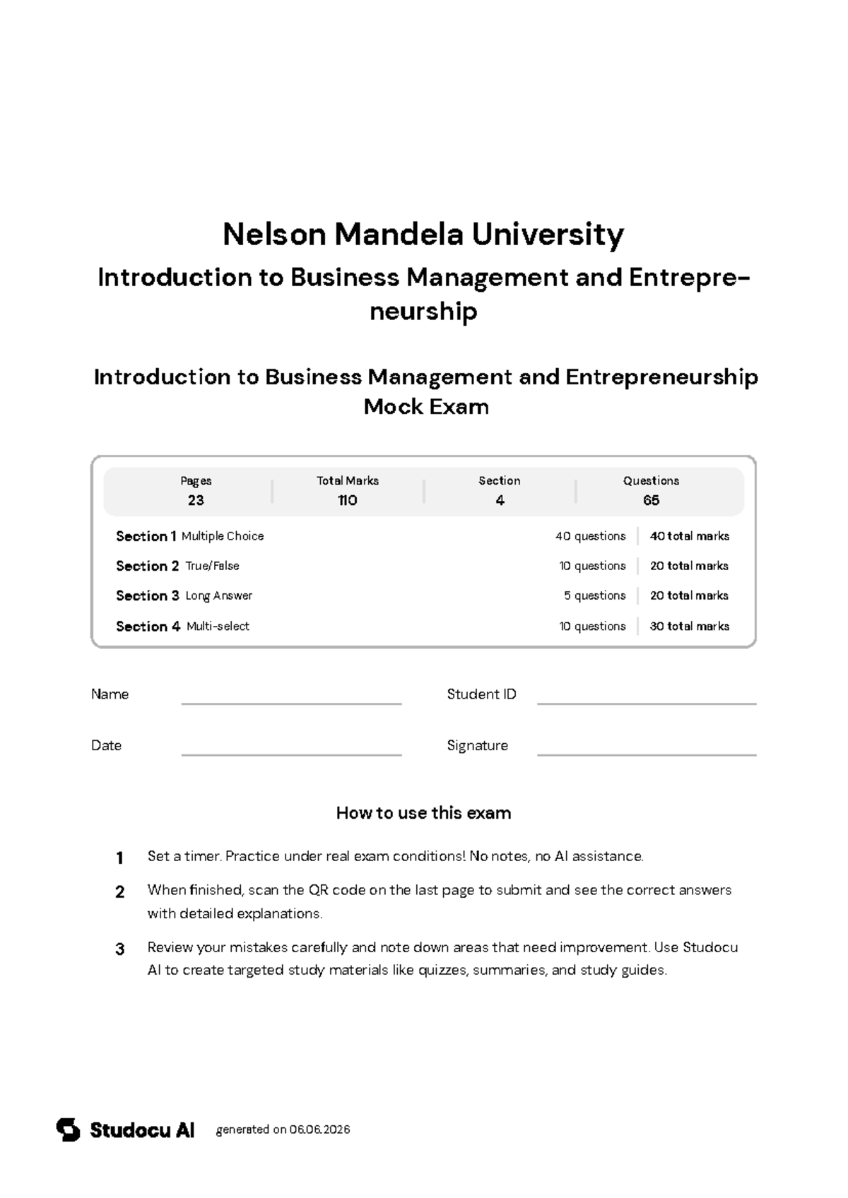 Introduction to Business Management Mock Exam - Studocu