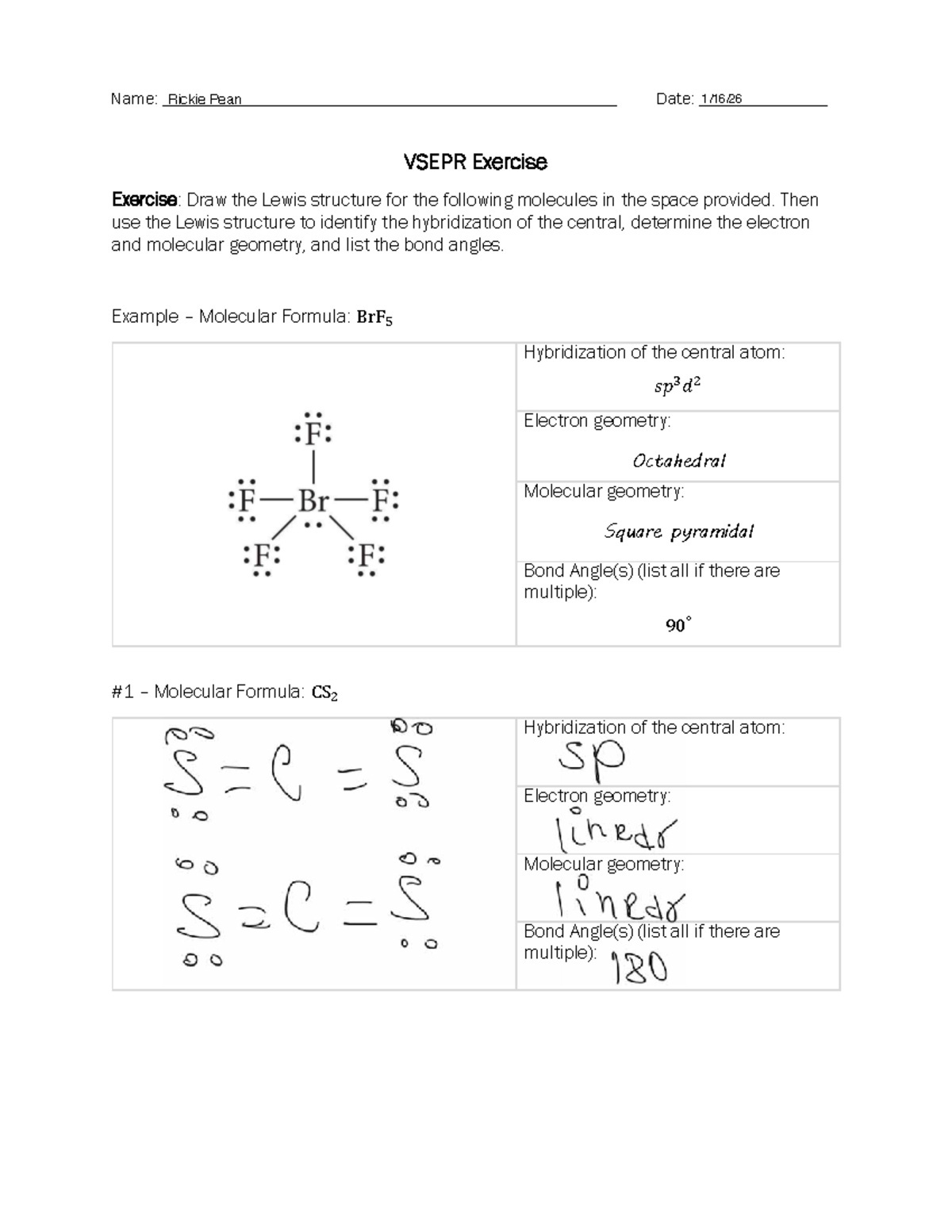 VSEPR Exercise 1: Lewis Structures & Hybridization - GEN CHEM II SUM ...