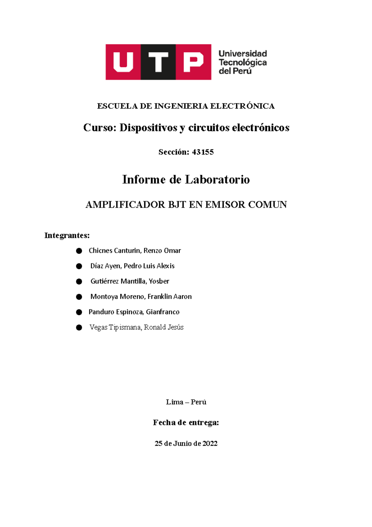Laboratorio 2 - Dispositivos - ESCUELA DE INGENIERIA ELECTRÓNICA Curso: Dispositivos y circuitos ...