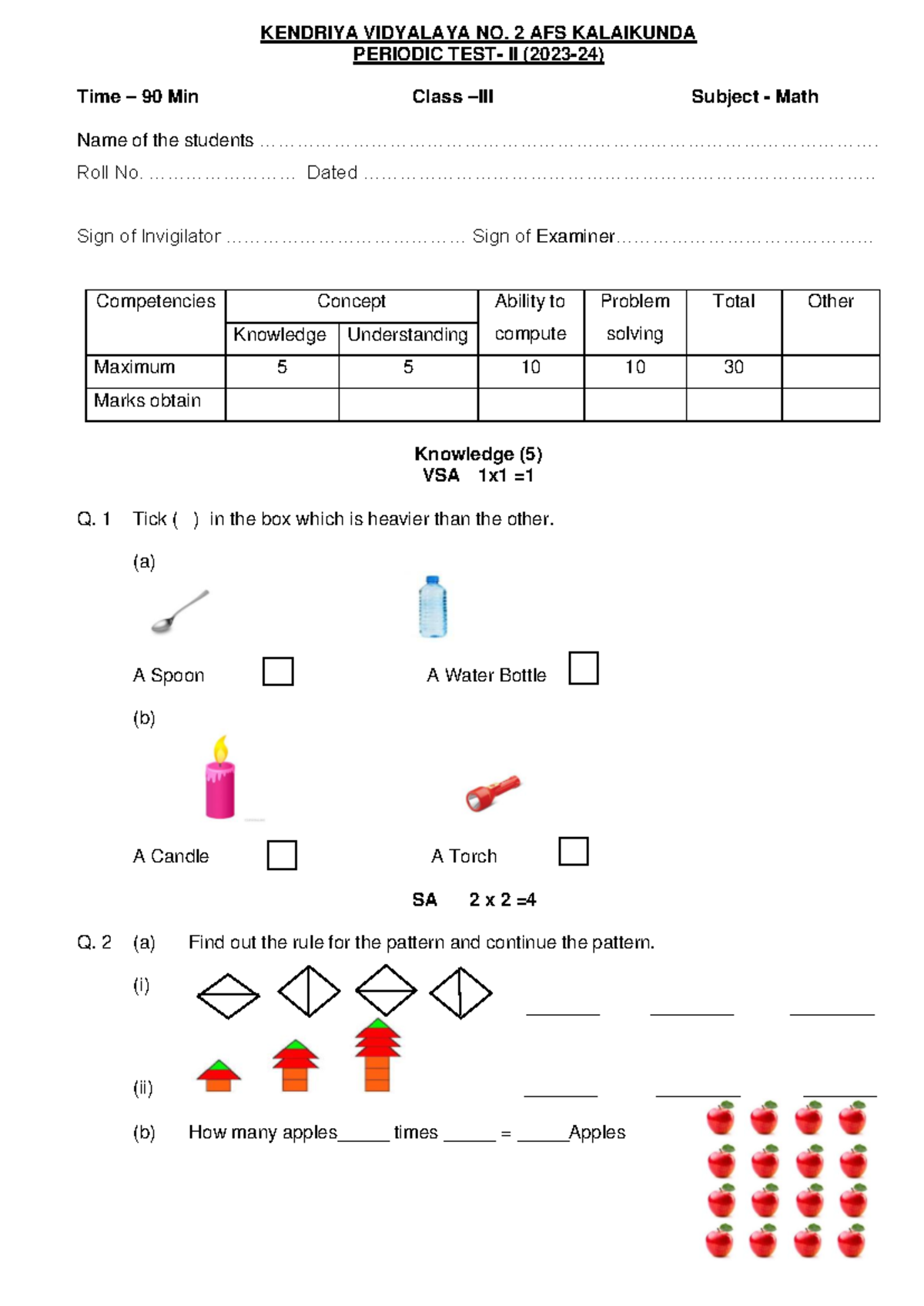 Math Periodic Test II (PT-II) Question Paper - Kendriya Vidyalaya No. 2 ...