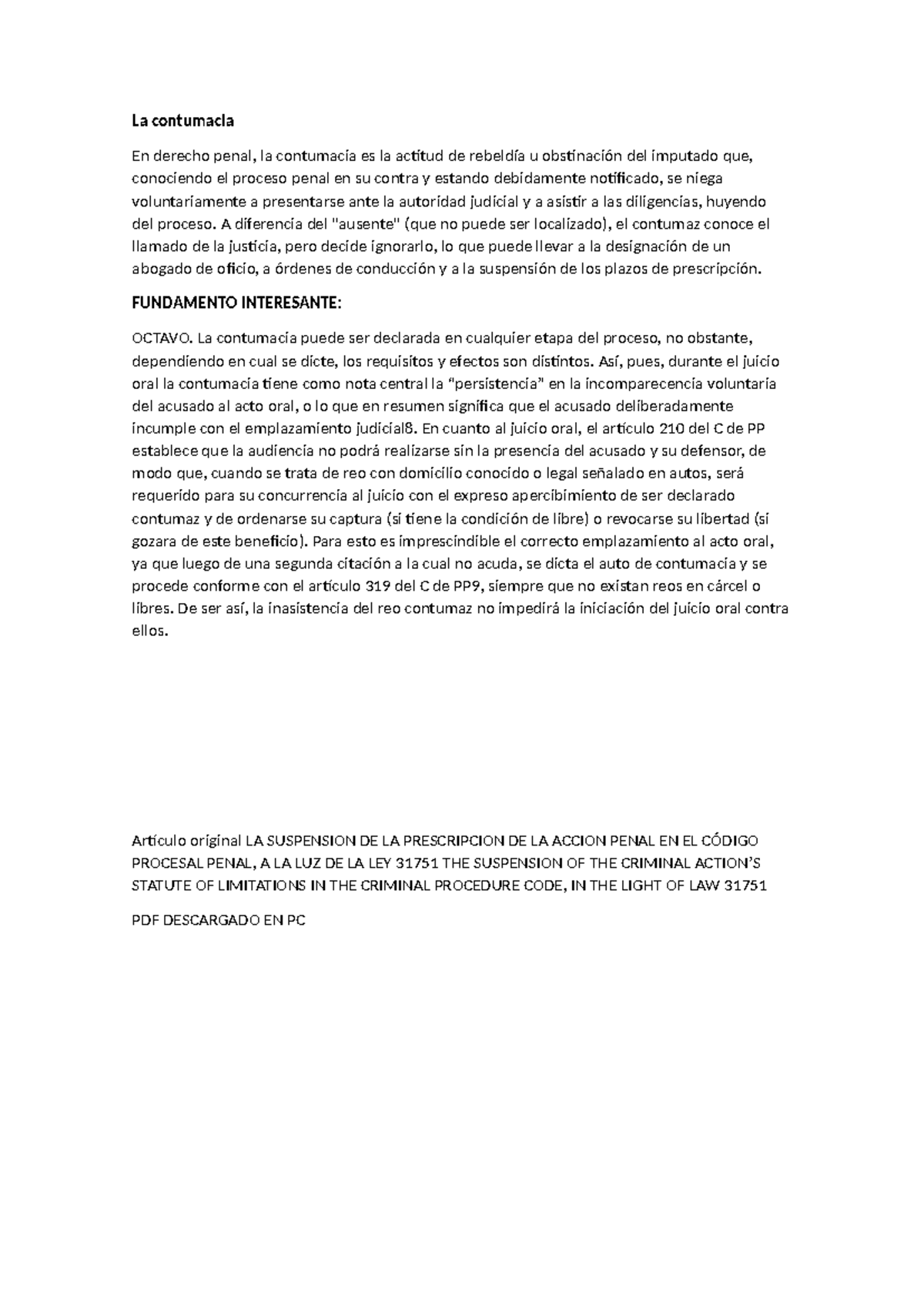 La Contumacia en Derecho Penal: Implicaciones y Efectos - Studocu