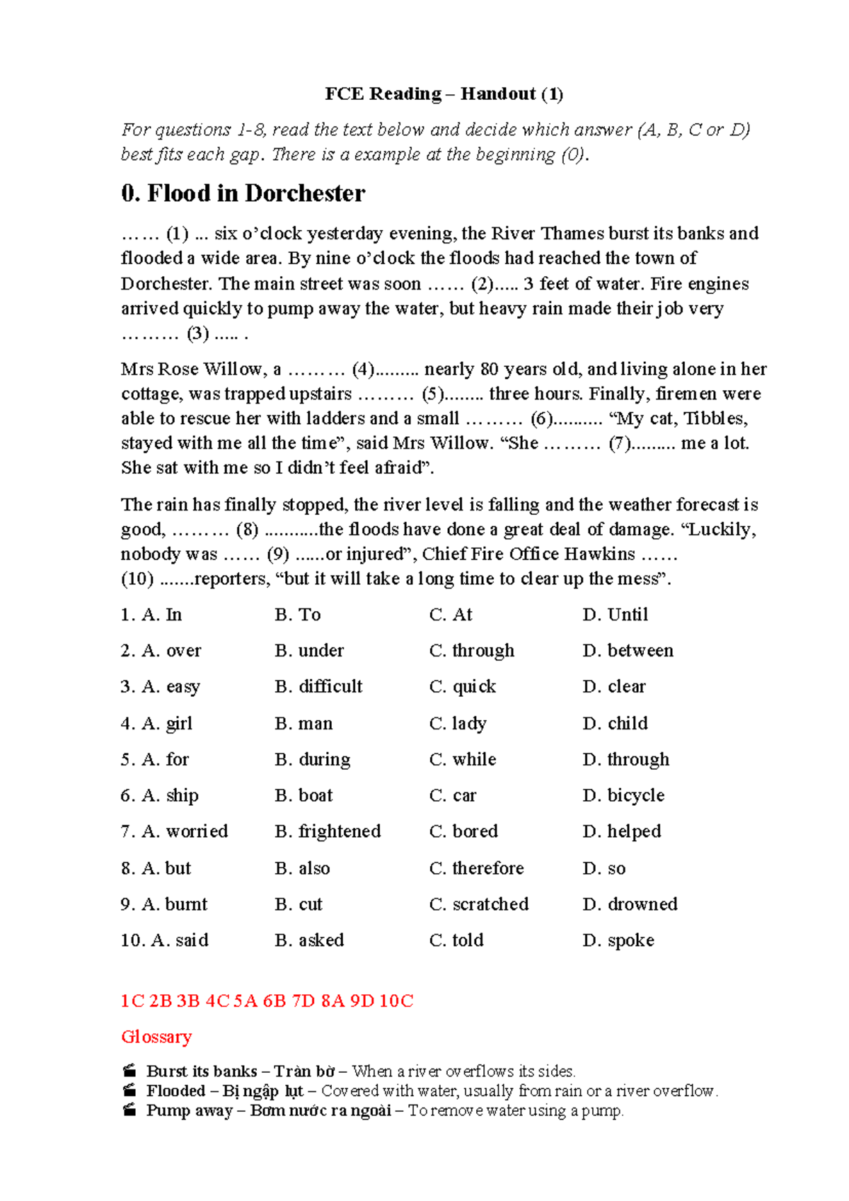 FCE Guided Cloze Exercise (01) - Answers & Key - Studocu