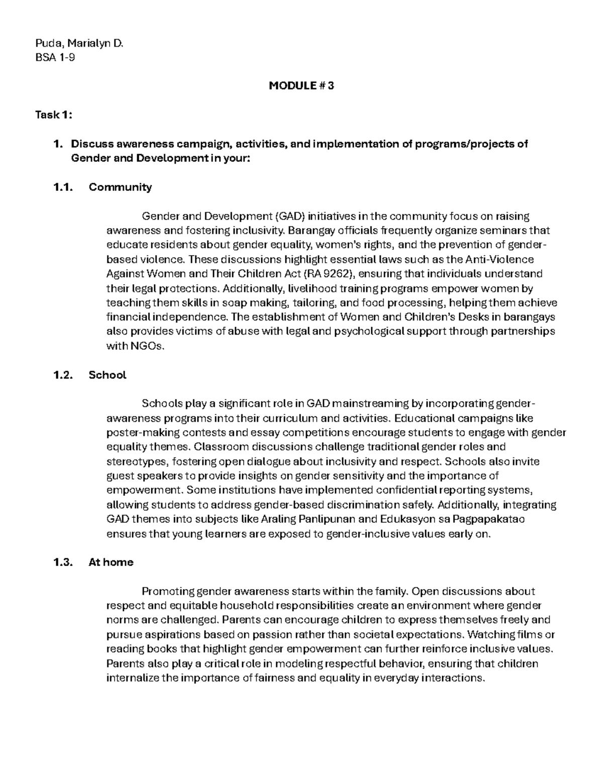 BSA MODULE 3: Gender and Development Awareness Campaigns and ...